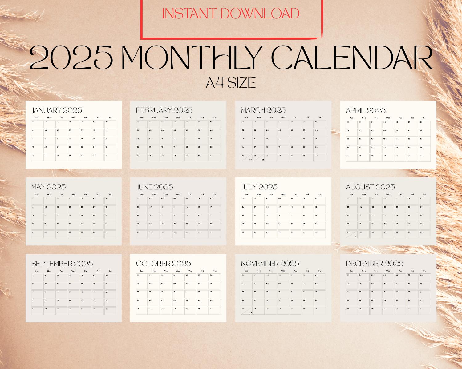 2025 Calendar, 2025 Monthly Planner, Elegant Monthly Calendar, Boho ...