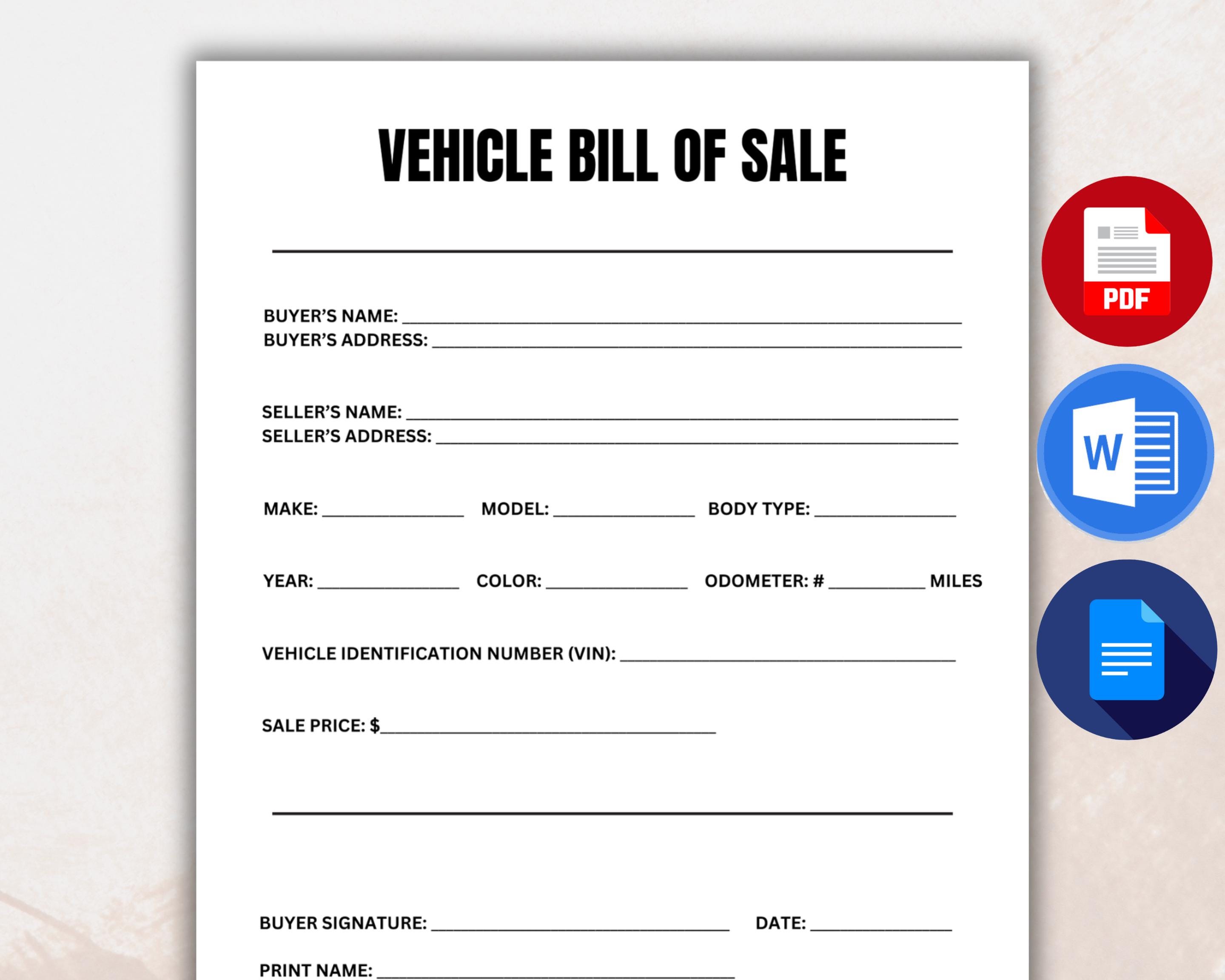 Vehicle Bill of Sale. Vehicle Bill of Sale Template. Printable Motor ...