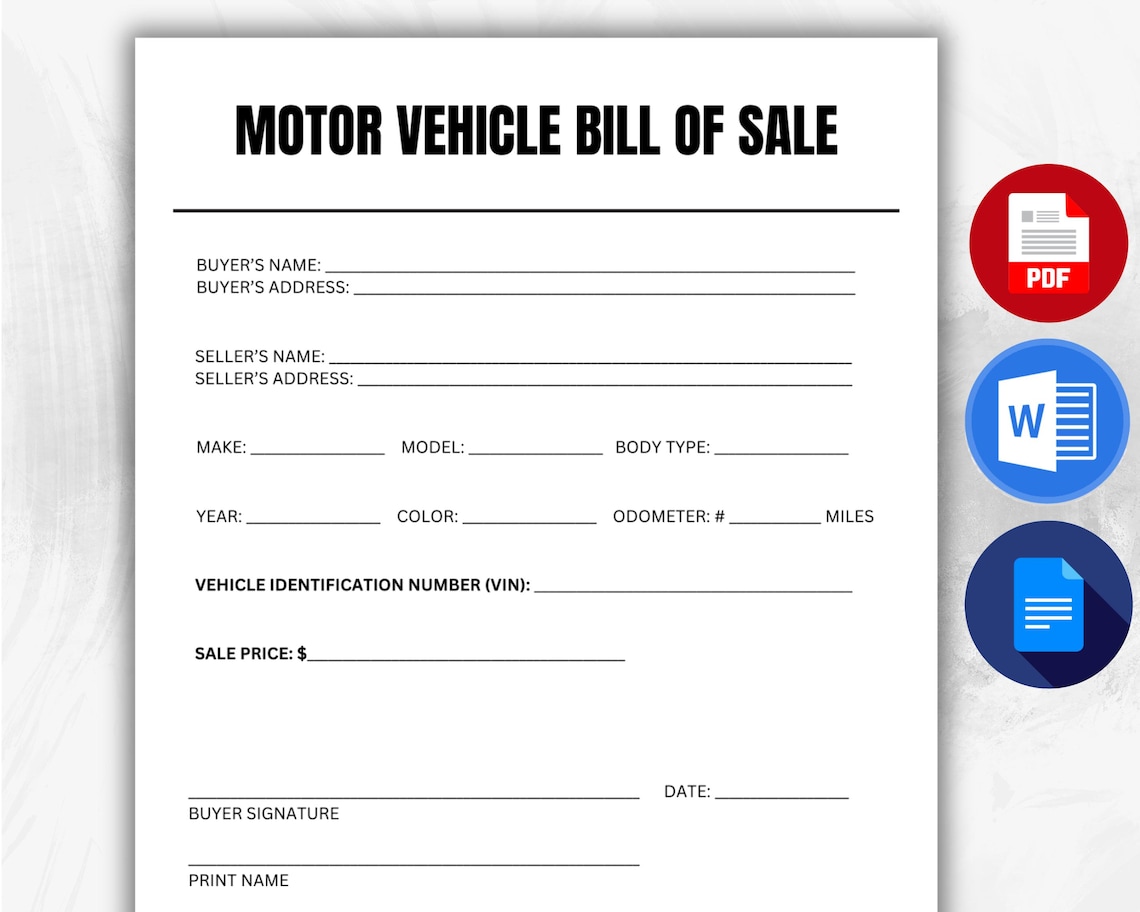 Motor Vehicle Bill of Sale. Printable Car Sale Form. Vehicle Bill of ...