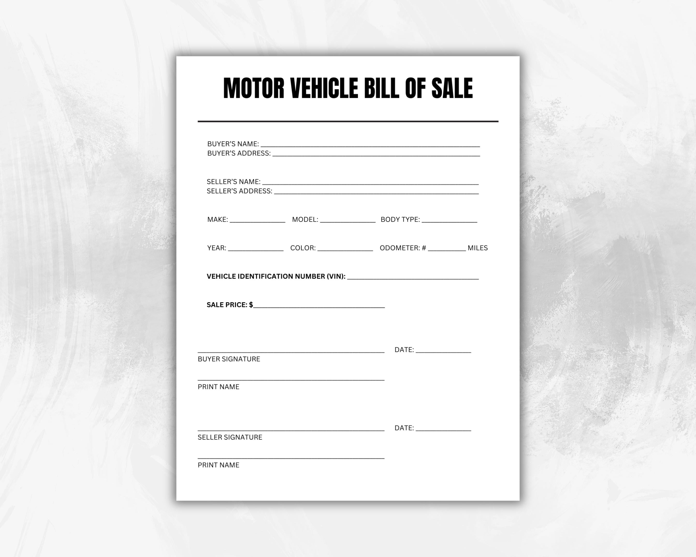 Motor Vehicle Bill of Sale. Printable Car Sale Form. Vehicle Bill of ...