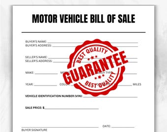 Motor Vehicle Bill of Sale. Printable Car Sale Form. Bill of Sale Form ...