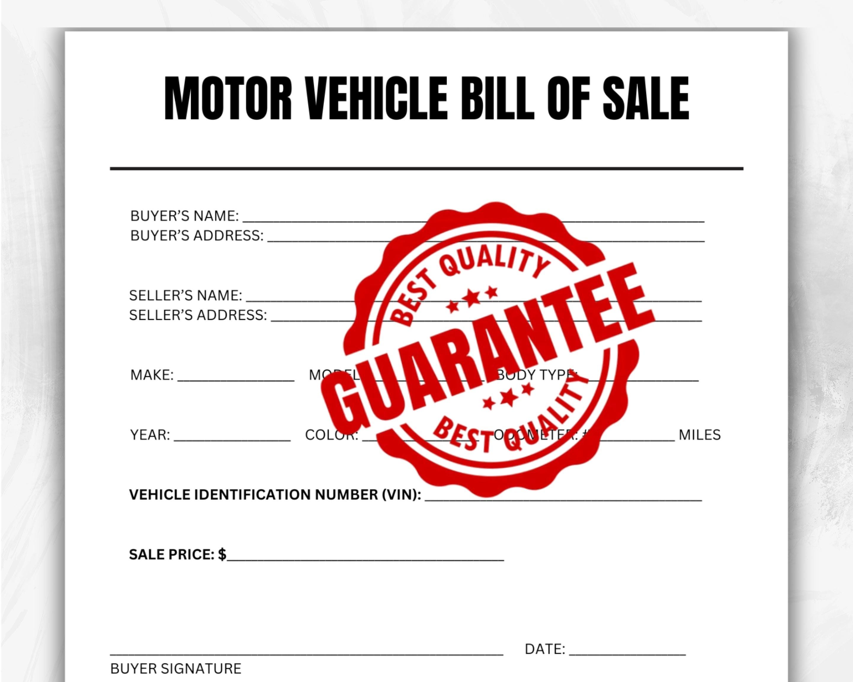 Motor Vehicle Bill of Sale. Printable Car Sale Form. Vehicle Bill of ...
