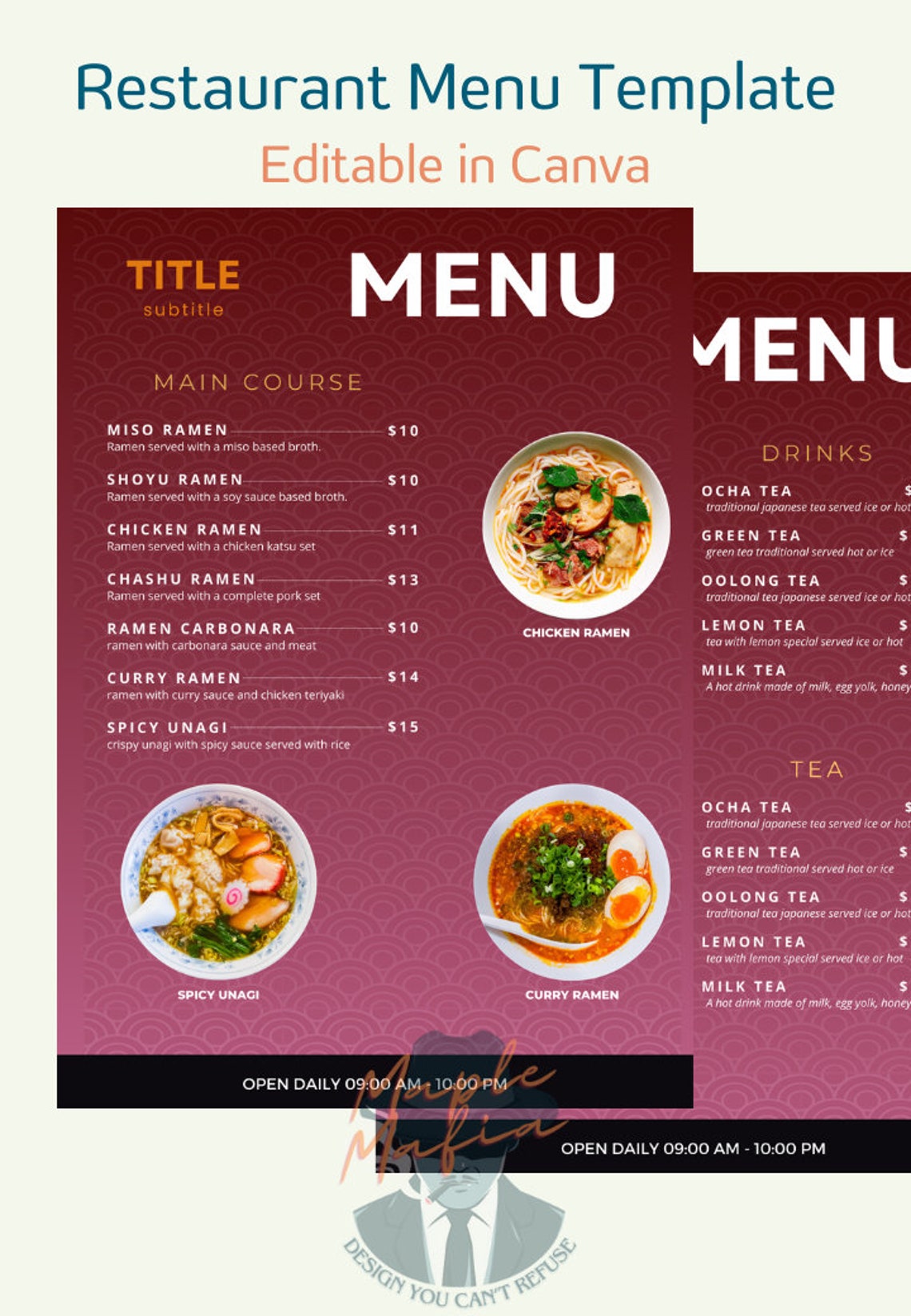 Restaurant Menu Template Editable in Canva Design Modern Cafe Menu ...