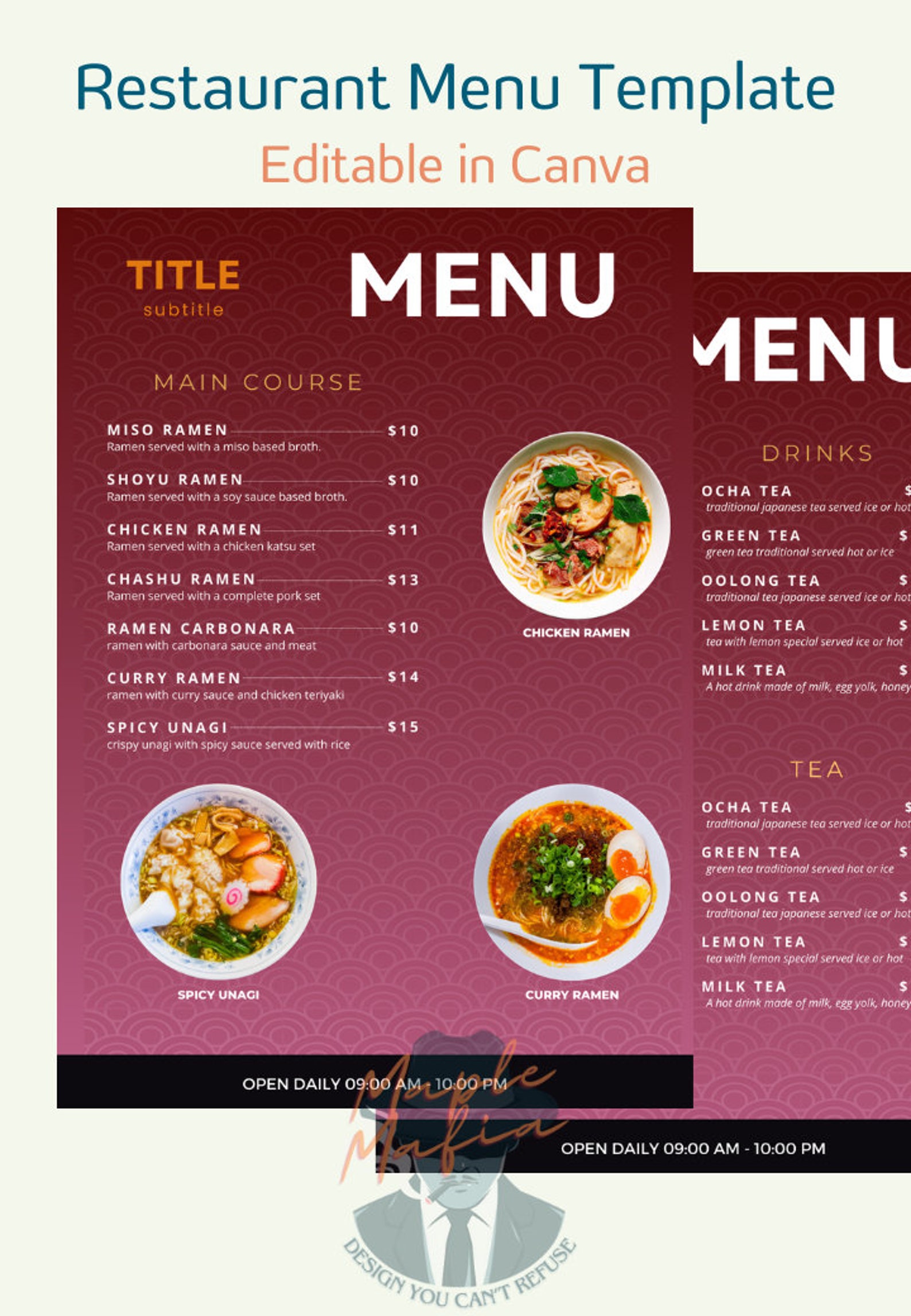 Restaurant Menu Template Editable in Canva Design Modern Cafe Menu ...
