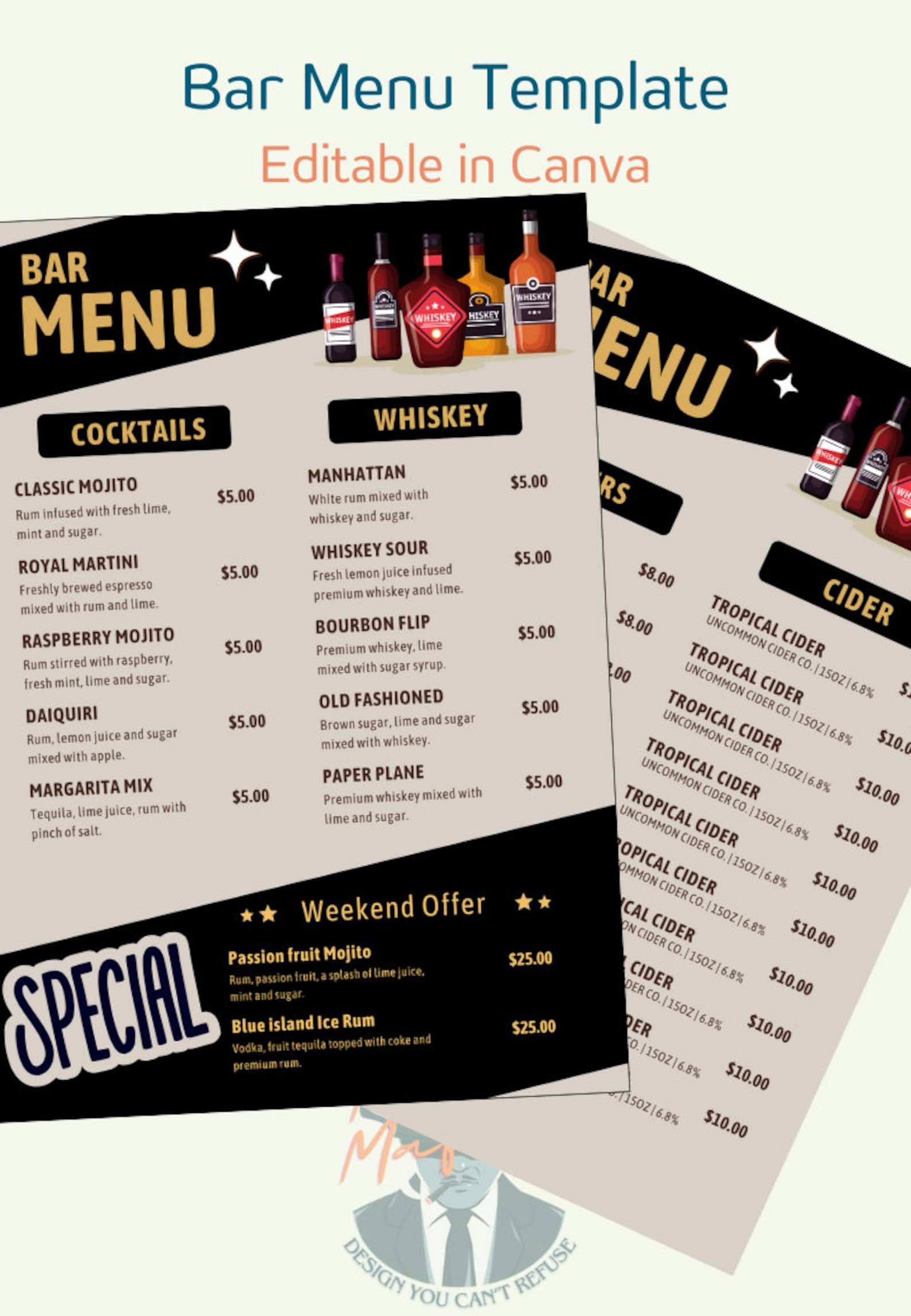 Bar Menu Template Creative Restaurant Menu Editable in Canva Design ...