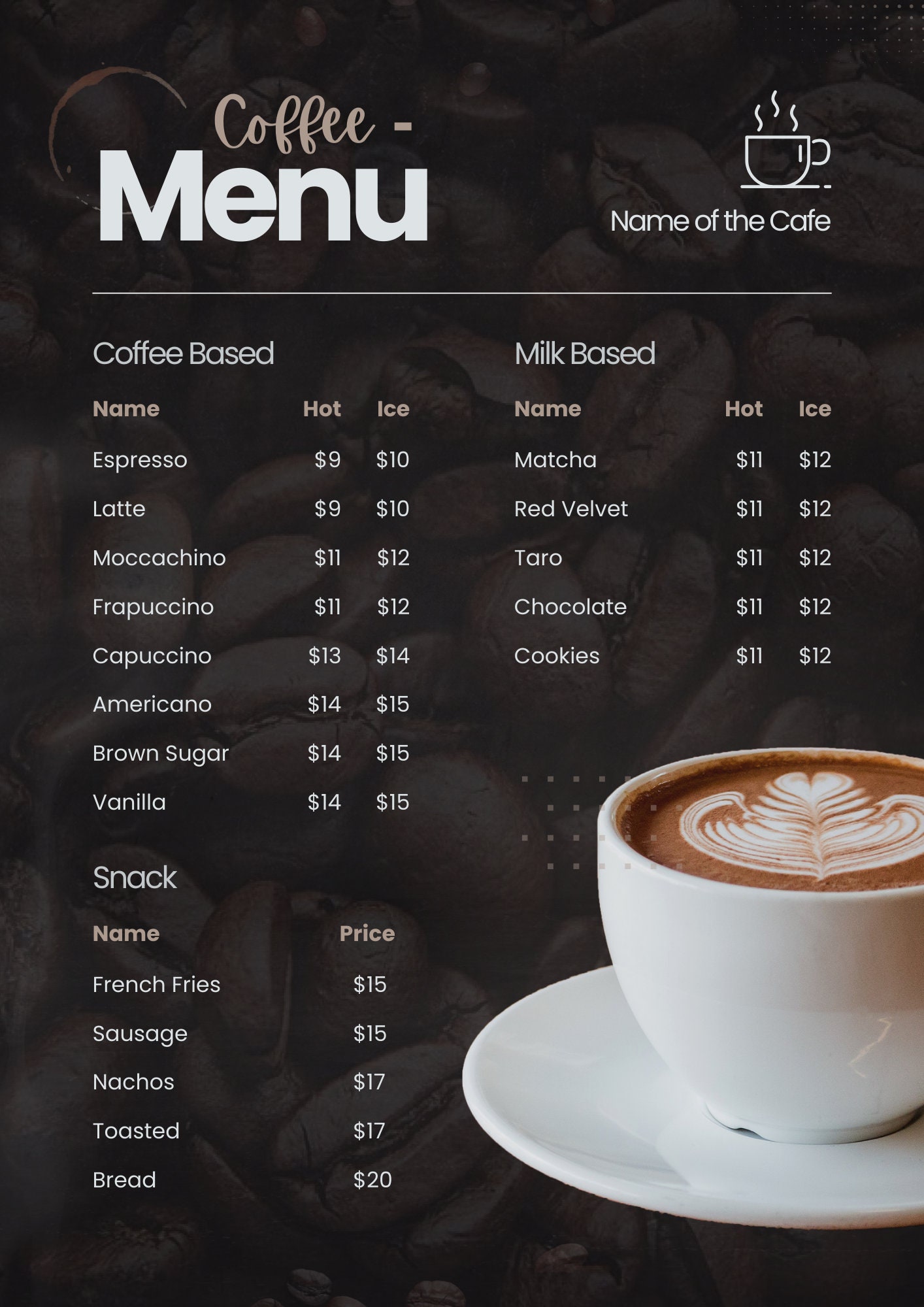 Coffee Menu Template Restaurant Menu Editable Canva Design Modern Cafe ...