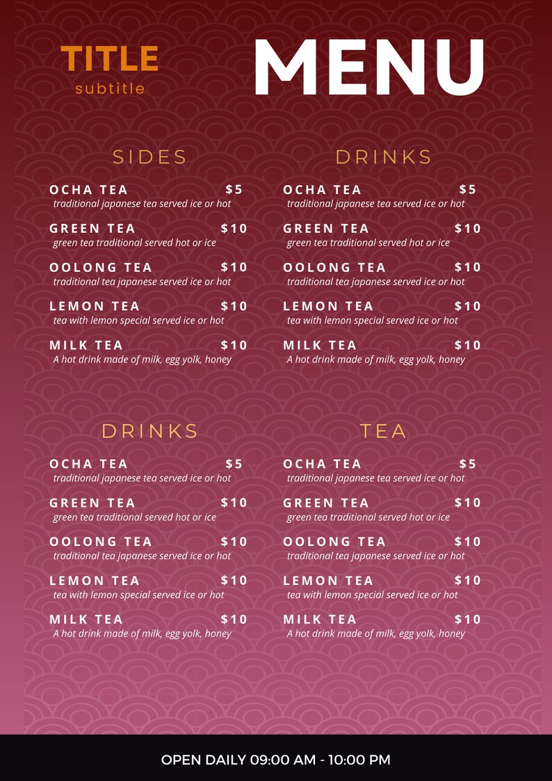 Restaurant Menu Template Editable in Canva Design Modern Cafe Menu ...