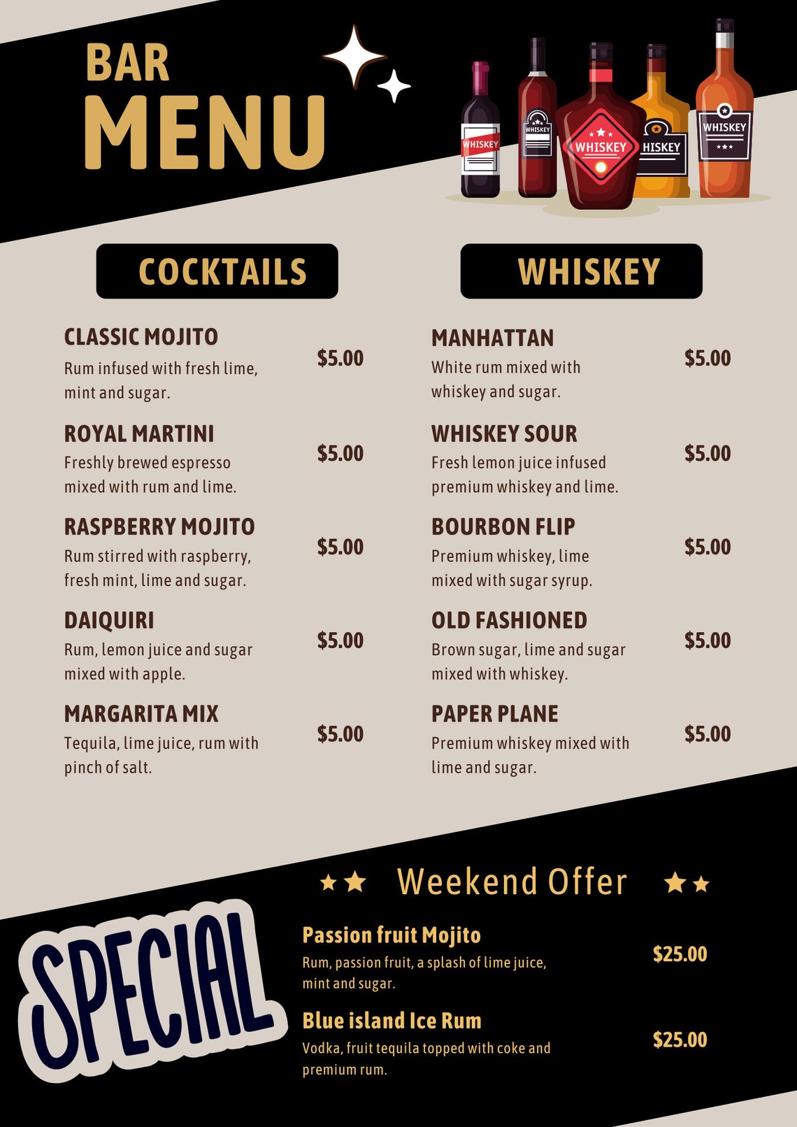 Bar Menu Template Creative Restaurant Menu Editable in Canva Design ...