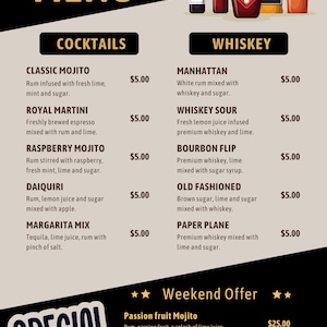 Bar Menu Template Creative Restaurant Menu Editable in Canva Design ...