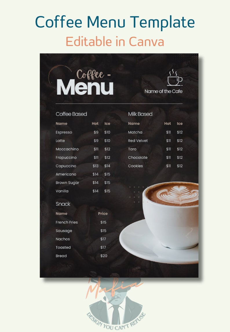Coffee Menu Template Restaurant Menu Editable Canva Design Modern Cafe ...