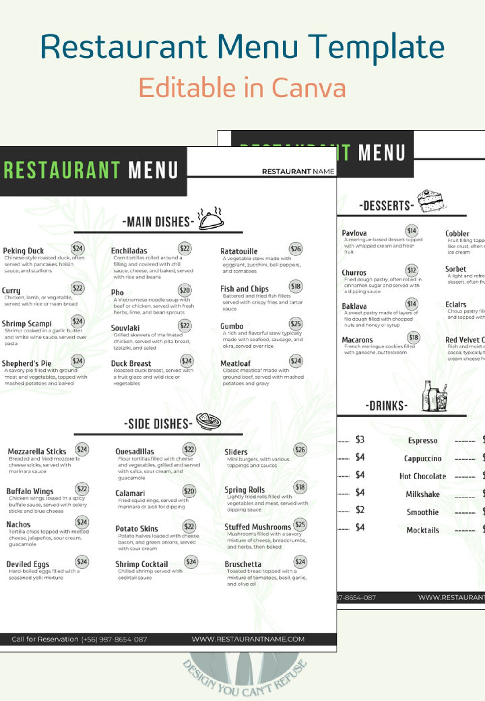 Creative Full Restaurant Menu Template Editable in Canva Modern Cafe ...