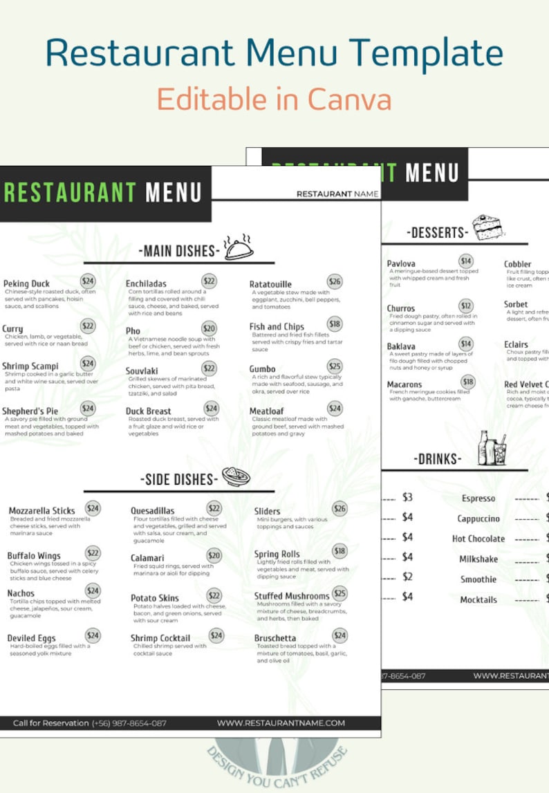 Creative Full Restaurant Menu Template Editable in Canva Modern Cafe ...
