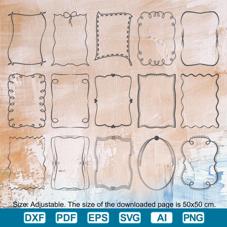 Hand Drawn Wavy Frame SVG Bundle, Decorative Whimsical Borders Clipart, Doodle Wedding ...