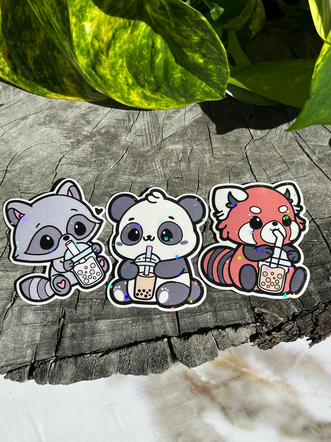 Boba Friends Sticker - Raccoon - Red Panda - Panda - Vinyl Holographic ...