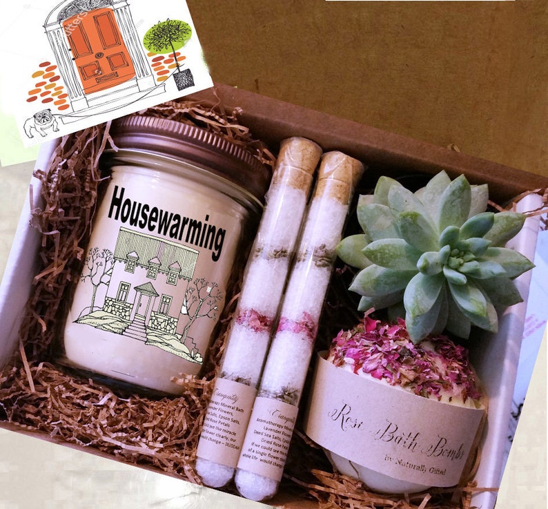 Handmade Housewarming Gift Box With Candle, Succulent, Bath Bomb & Salt ...