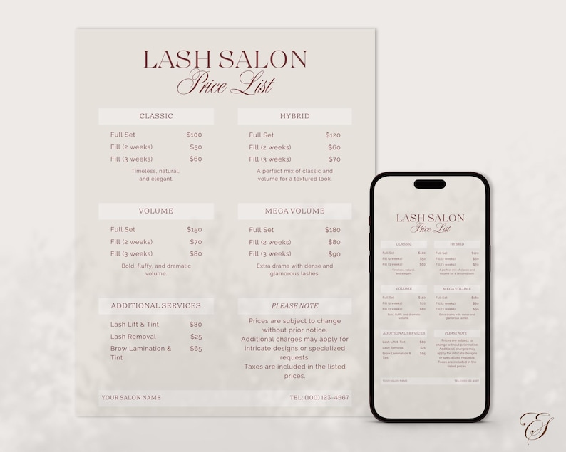 Lash Salon Price List Template | Lash Tech Price List Canva Template ...