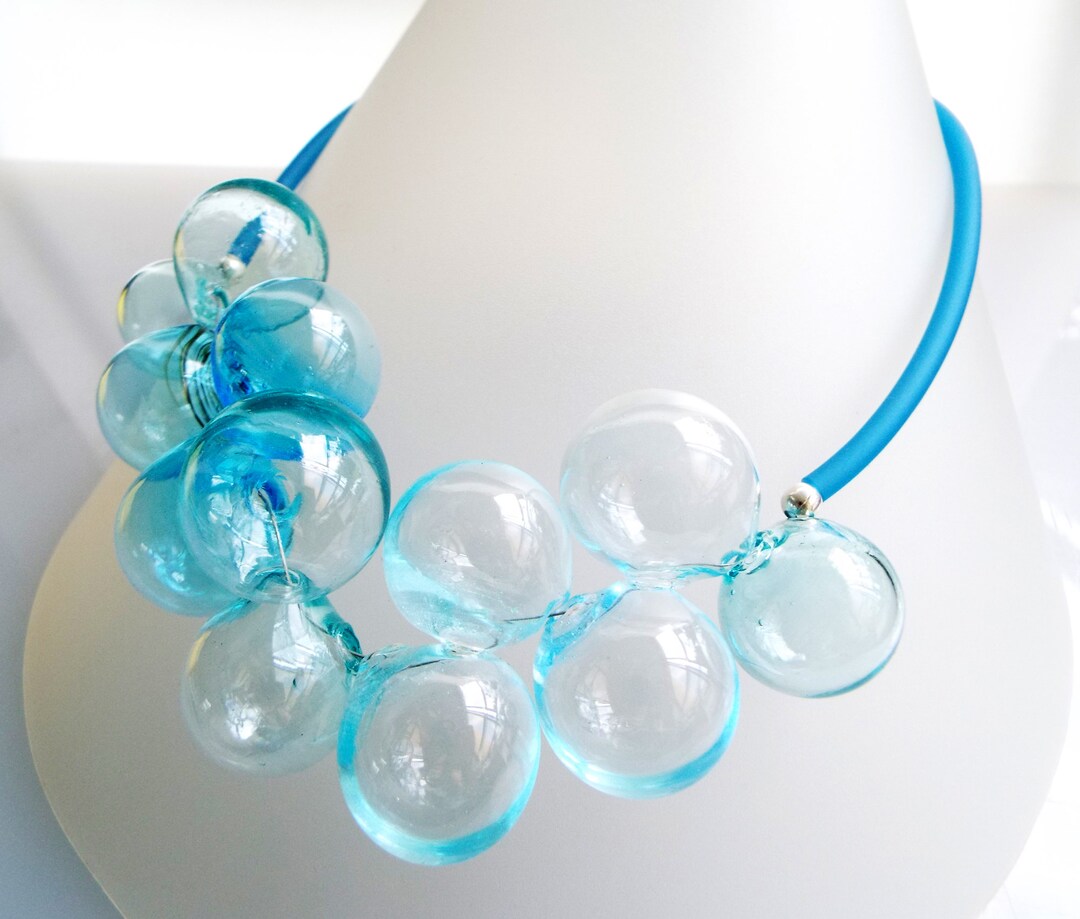 Handmade Turquoise Glass Bubble Bib Necklace - Ocean Blue Statement ...