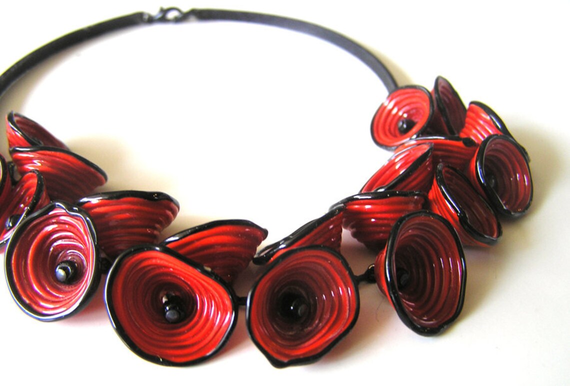 Red Statement Necklace, Burgundy Floral Beaded Necklace, Lampwork Glass ...