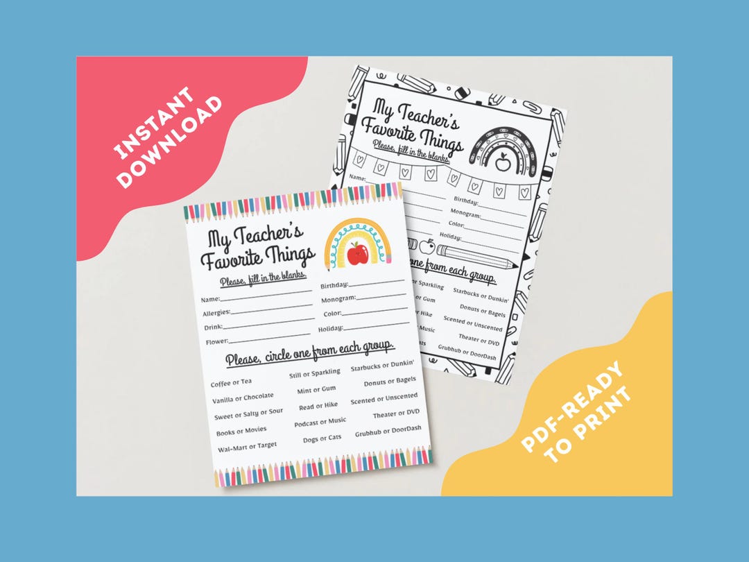 Teacher Favorite Things List Printable, Teacher Questionnaire Template ...