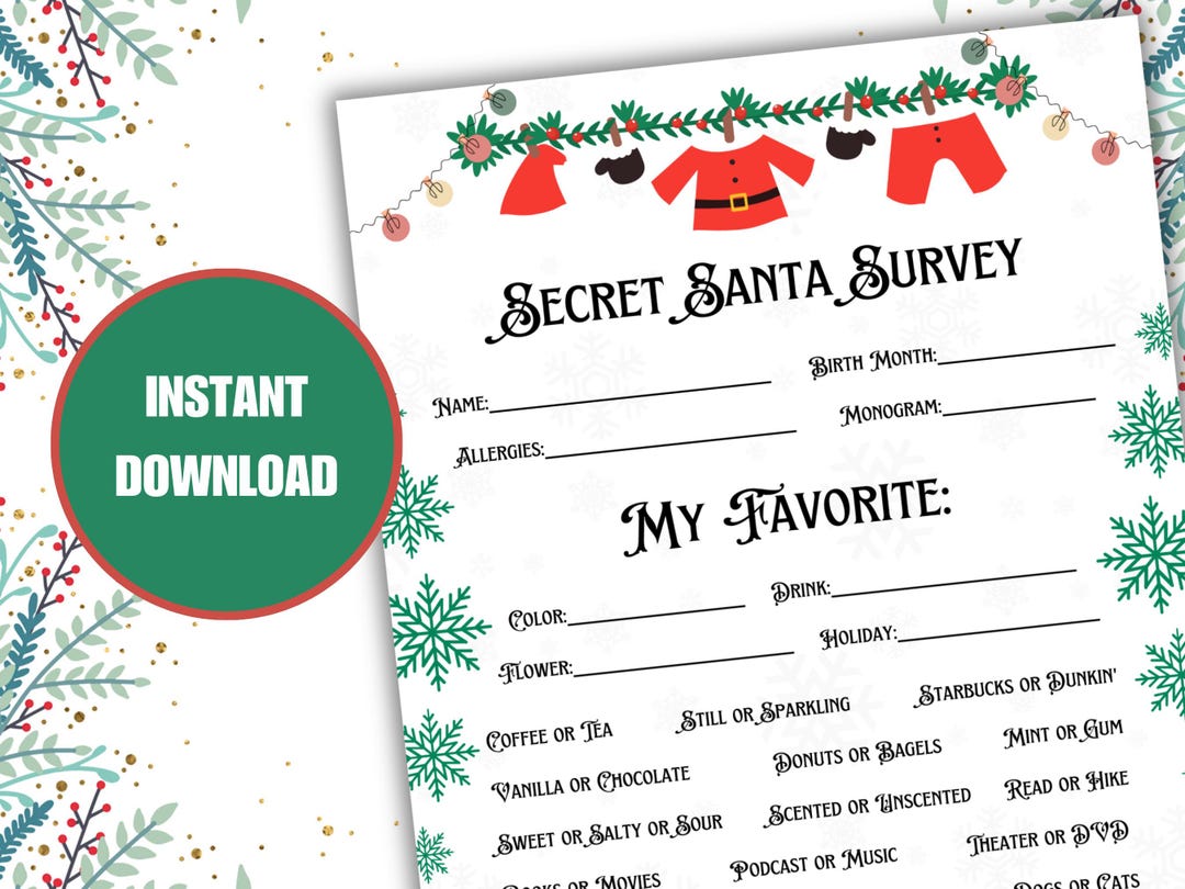 Secret Santa Survey PDF Digital Download - Etsy