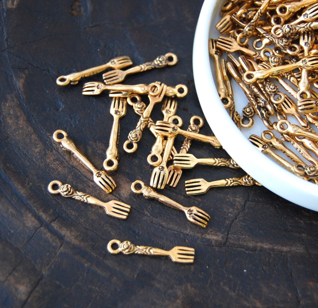 Gold Fork Charms, Kitchen Charms, 1 Charm, Made in the U.S. Jewelry ...
