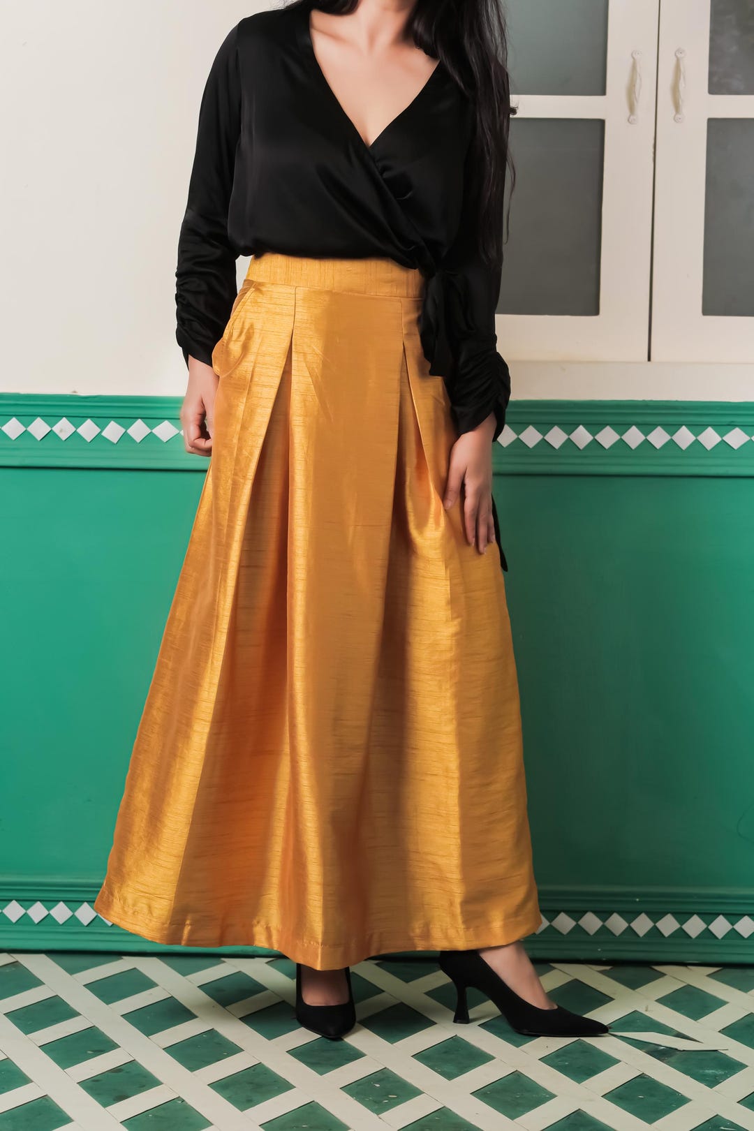 Silk Skirt - Box-pleat Long Silk Skirt With Pockets on Both Sides ...