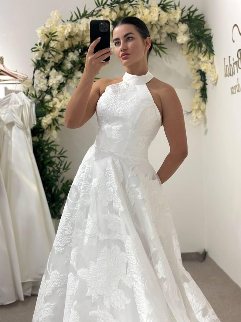 Modern Wedding Dress With High Neck, Open Shoulder Ivory Bridal Gown ...