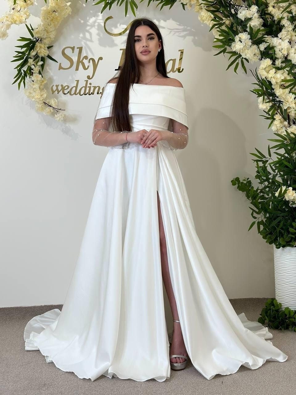 Satin Cold Shoulder Reception Wedding Dress With Train, Fit and Flare ...