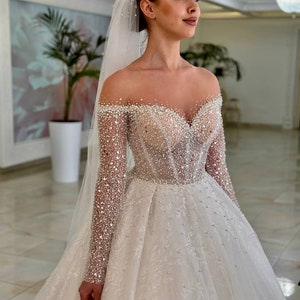 Glitter Beaded Lace Wedding Dress, Exquisite Bridal Gown, Sparkly Gown ...