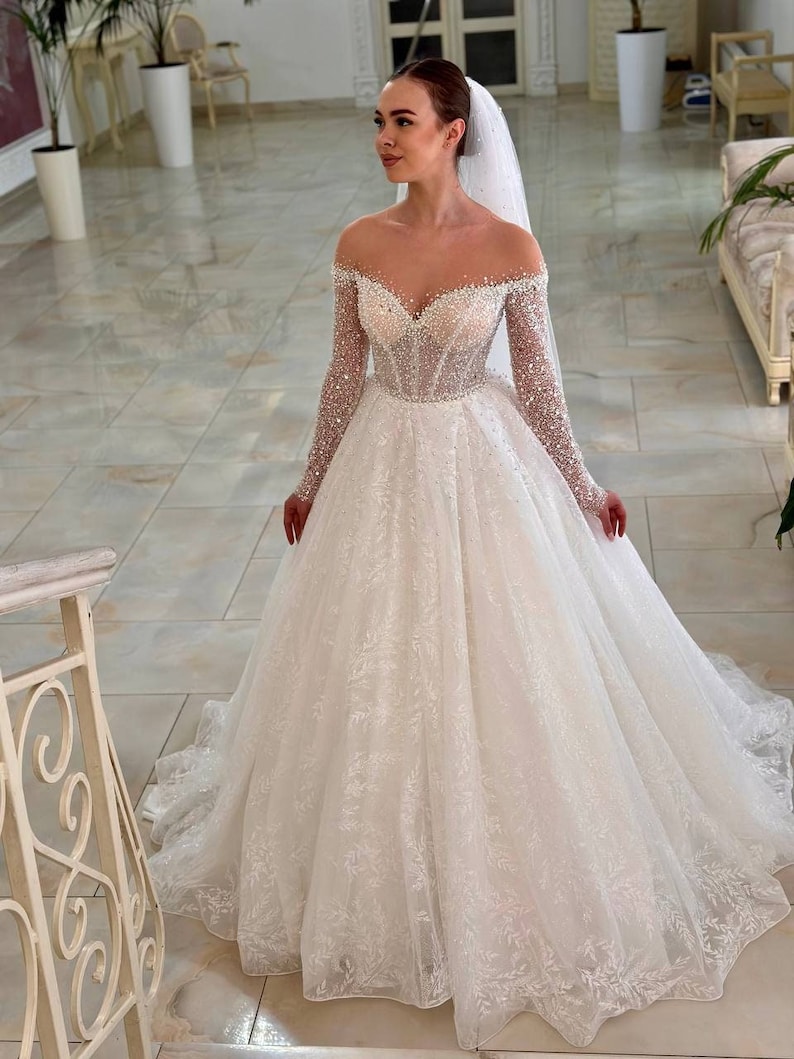 Beaded Lace Wedding Dress, Glitter Bridal Gown, Sparkly Gown, Wedding ...
