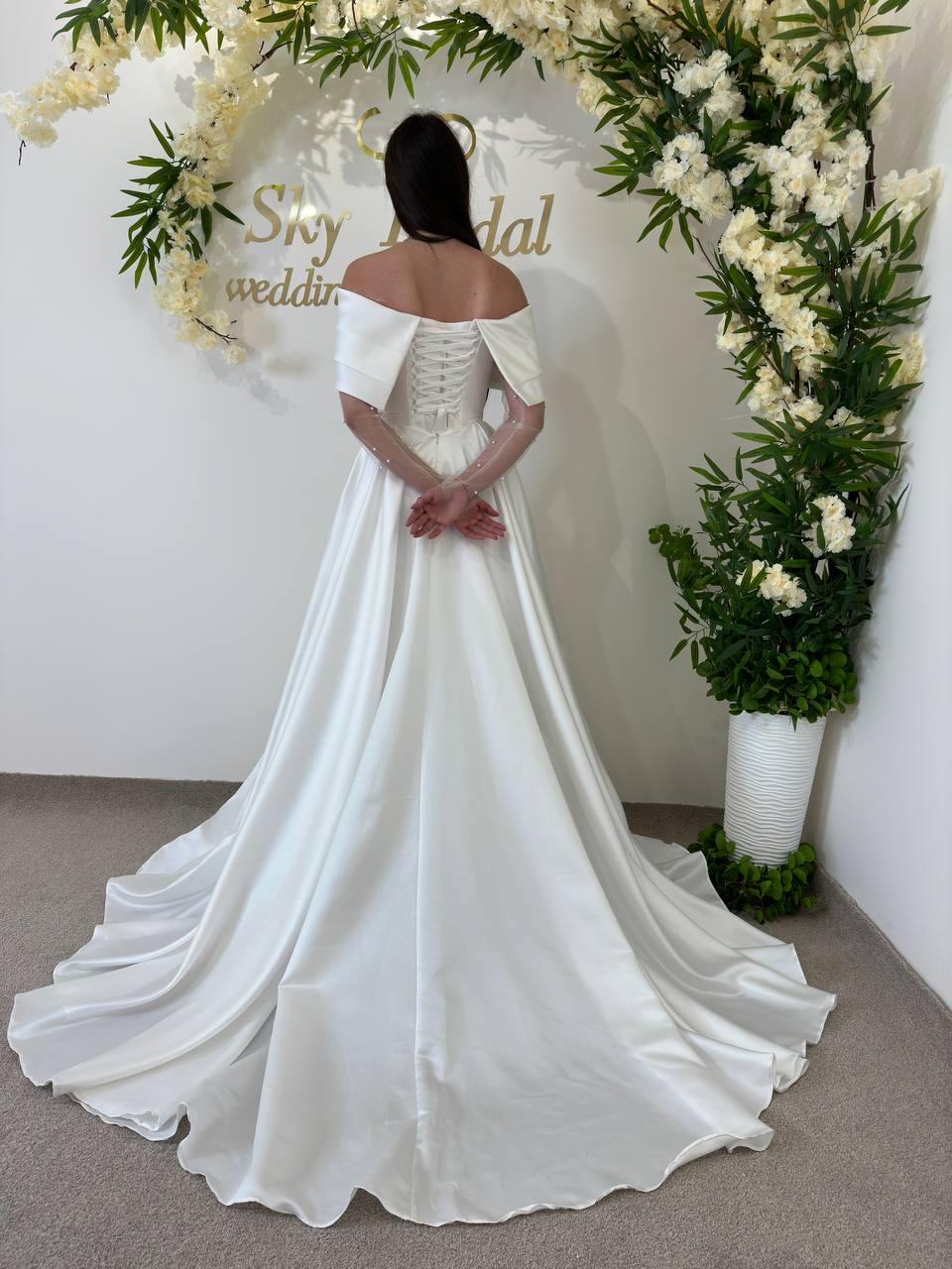 Satin Cold Shoulder Reception Wedding Dress With Train, Fit and Flare ...
