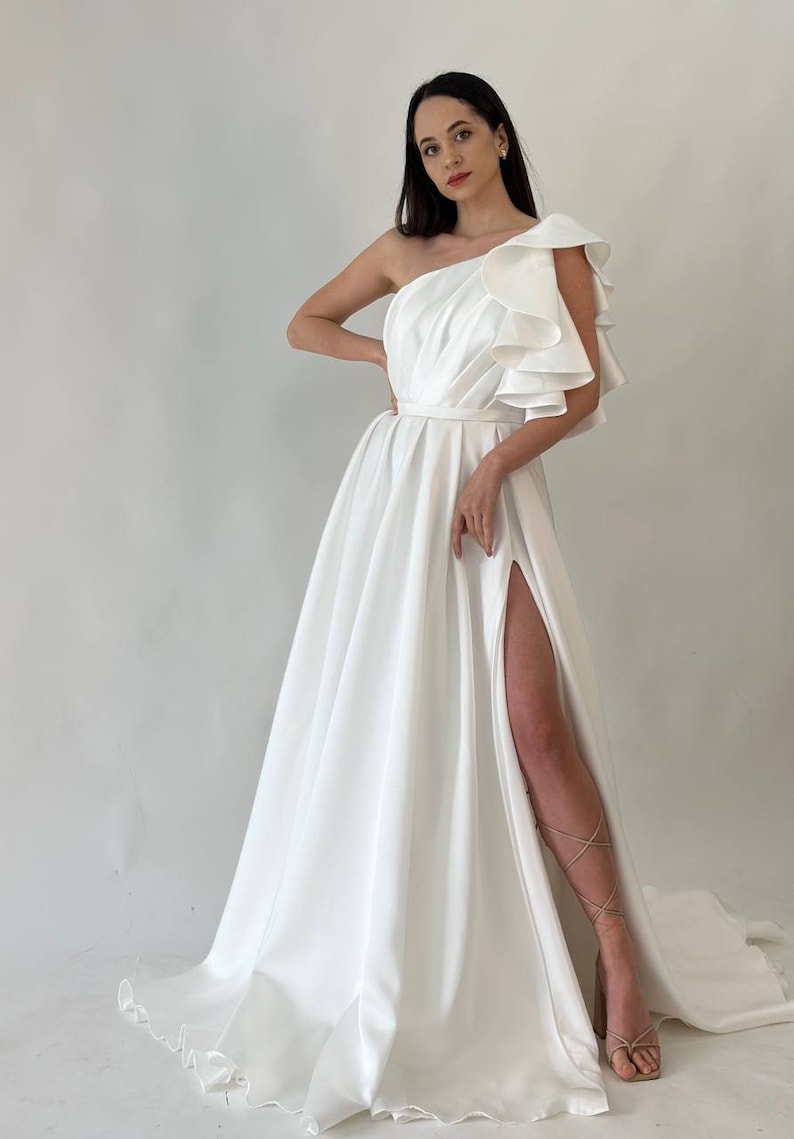 Elegant White Mikado Wedding Dress, A-line Bridal Gown With High Slit ...