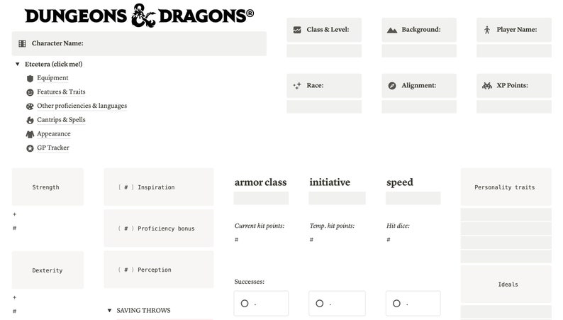 DND Character Sheet notion Template, Dungeons & Dragons, Dungeons and ...
