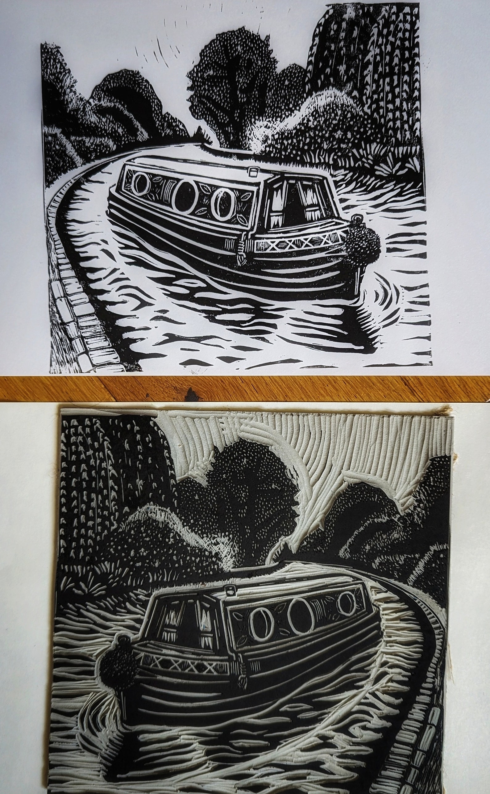 Canal Boat Linocut Print | Hand-carved Narrowboat Artwork | Limited ...
