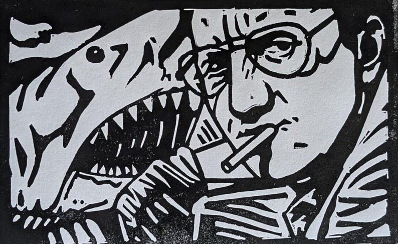 Jaws Linocut Print | Cult Movie Scene Art | Handmade 7x5" Print in ...