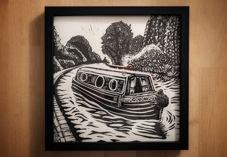 Canal Boat Linocut Print | Hand-carved Narrowboat Artwork | Limited ...