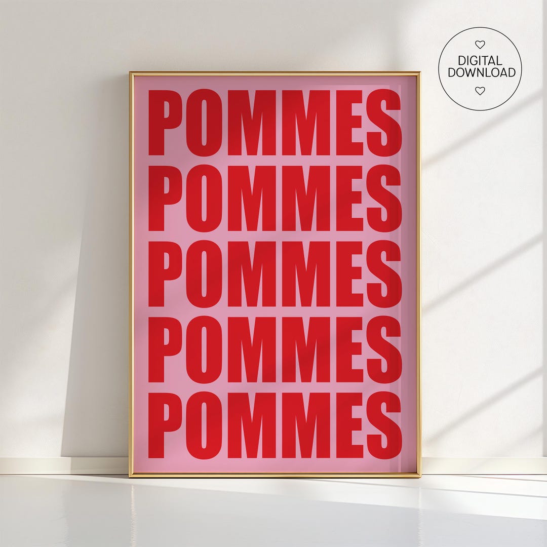 Pommes Typography Poster – Bold Red Letters on Pink – Funny Kitchen ...