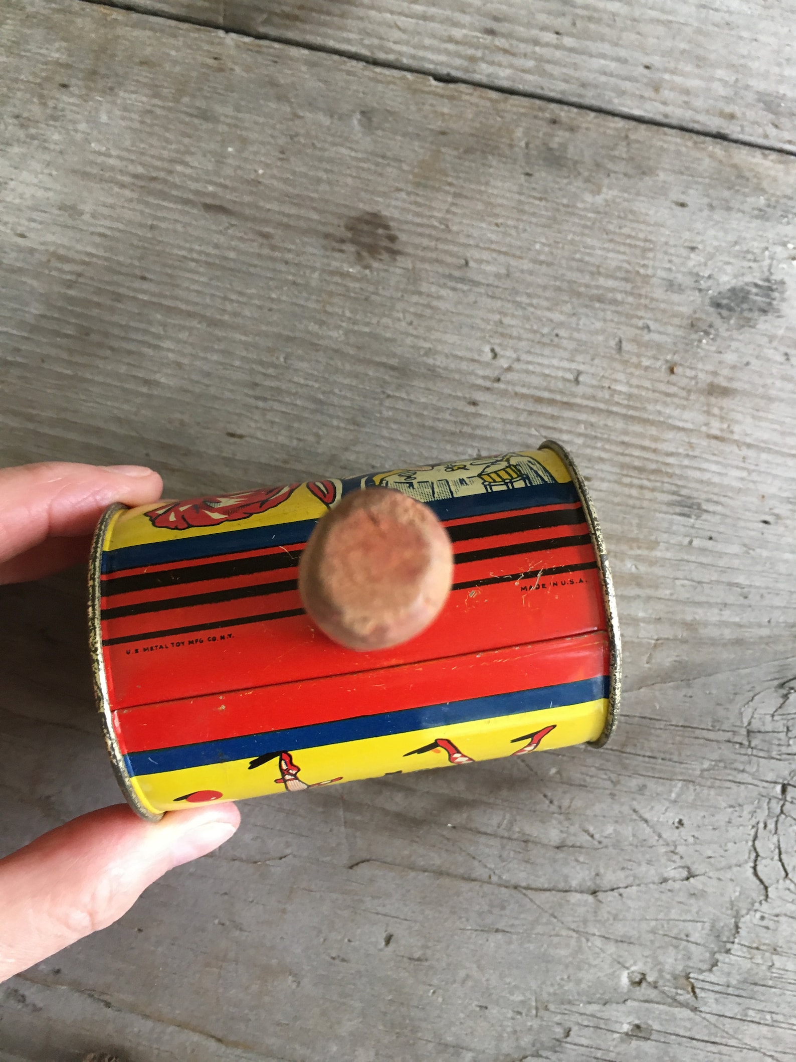 Antique Litho Noise Maker Metal Tin Can Mallet Rattle W/ Wooden Handle ...