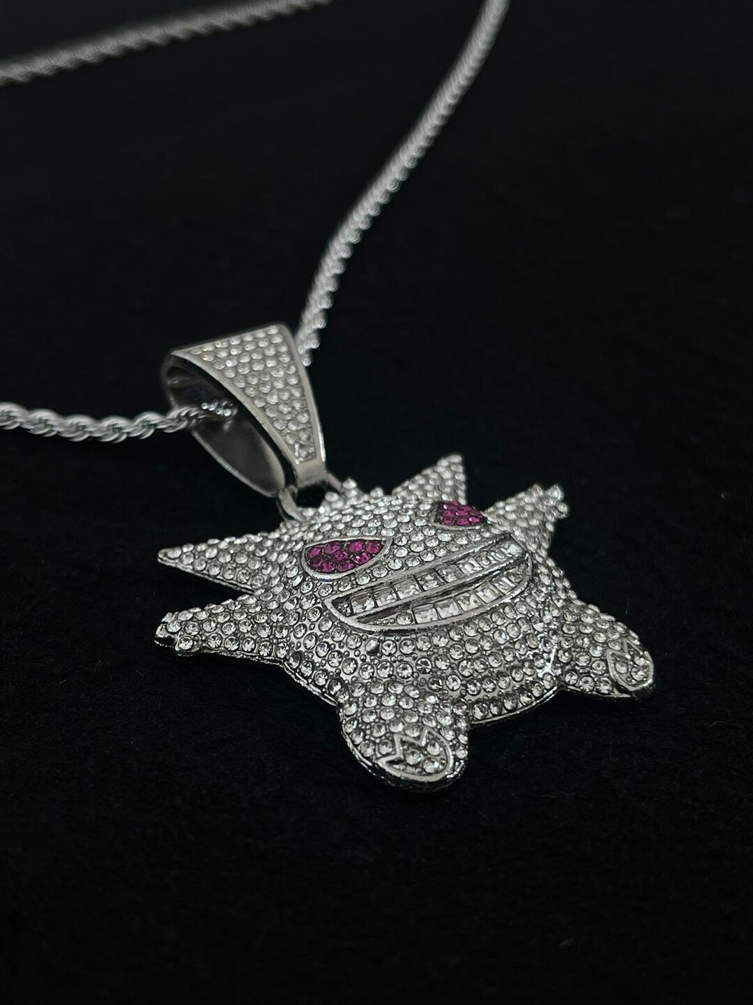 Gengar Necklace, Stainless Steel Chain, Iced Out Zirconia Stones, Hip ...