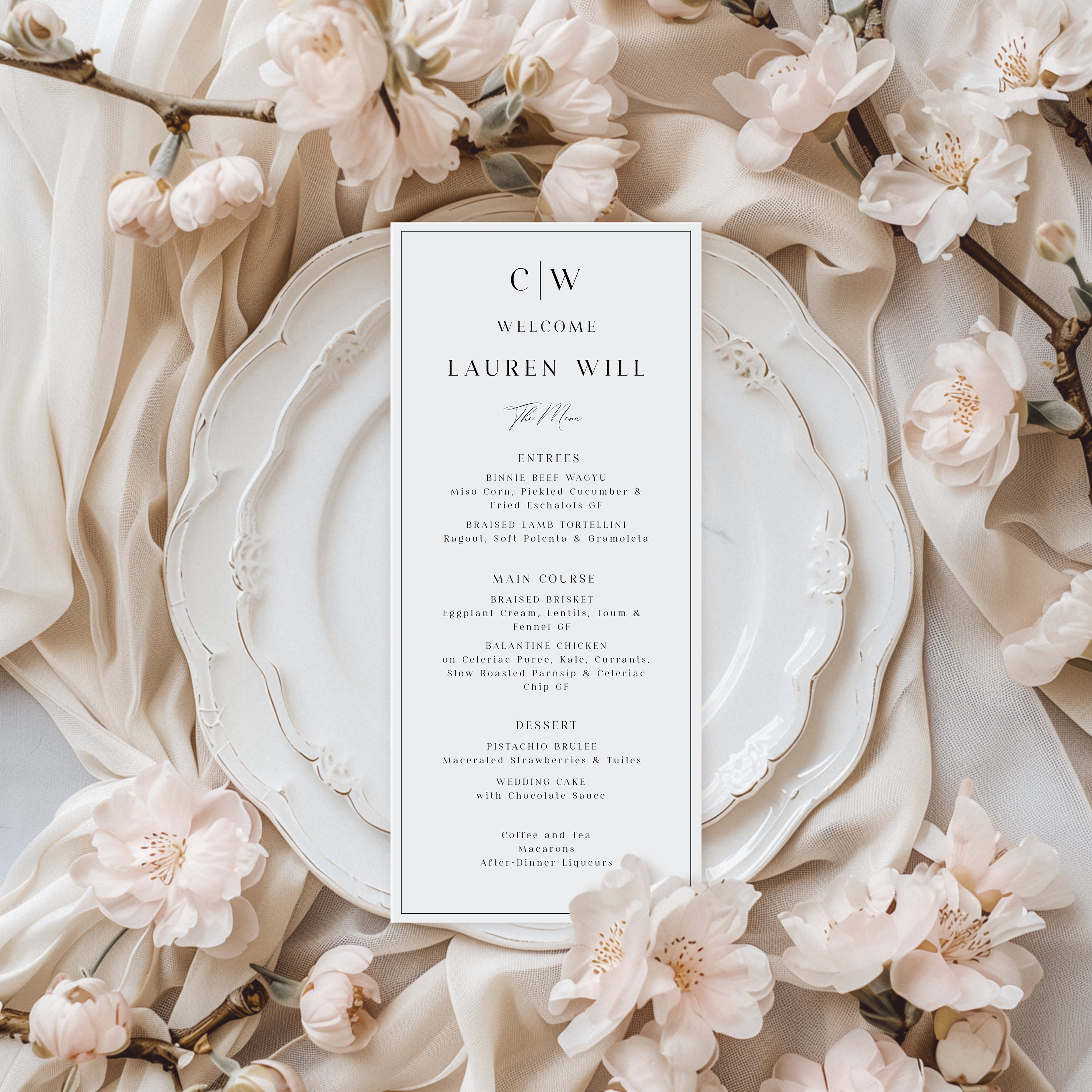 Personalizable Guest Menu Template, Modern Script Wedding Dinner Menu ...