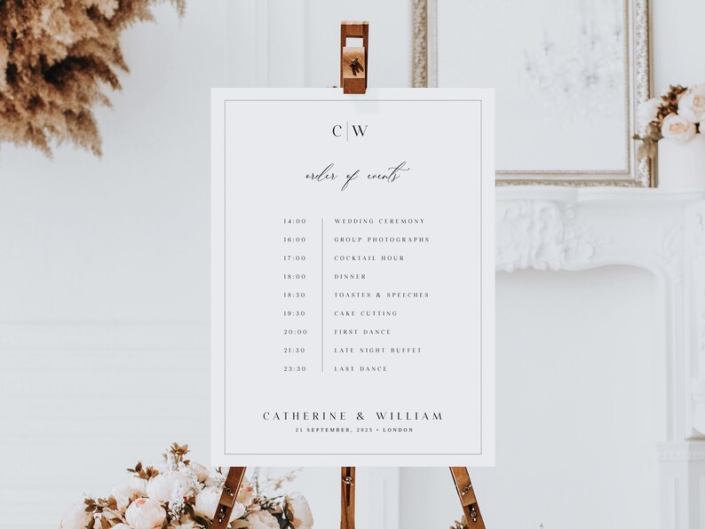 Wedding Timeline Sign Template, Wedding Monogram & Border, Editable ...