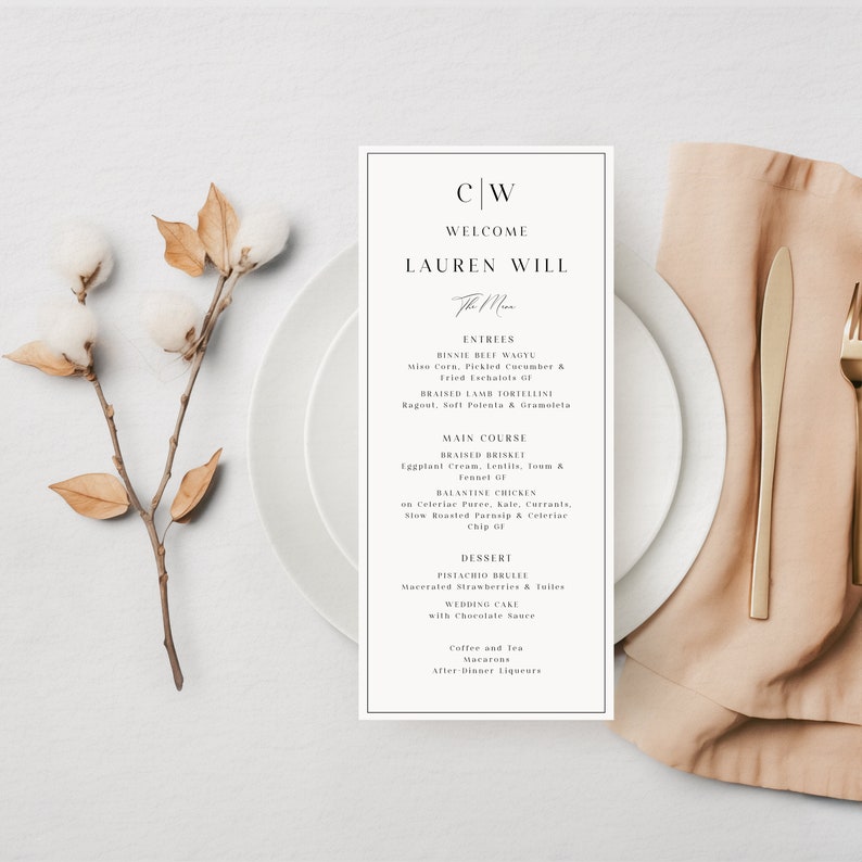 Personalizable Guest Menu Template, Modern Script Wedding Dinner Menu ...