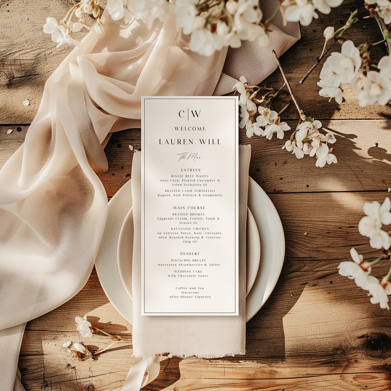 Personalizable Guest Menu Template, Modern Script Wedding Dinner Menu ...
