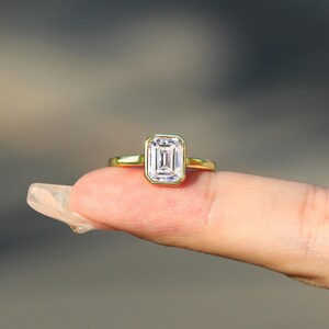 Emerald Cut Engagement Ring Gold Solitaire Bezel Ring Rectangle Stone ...