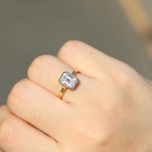 Emerald Cut Engagement Ring Gold Solitaire Bezel Ring Rectangle Stone ...