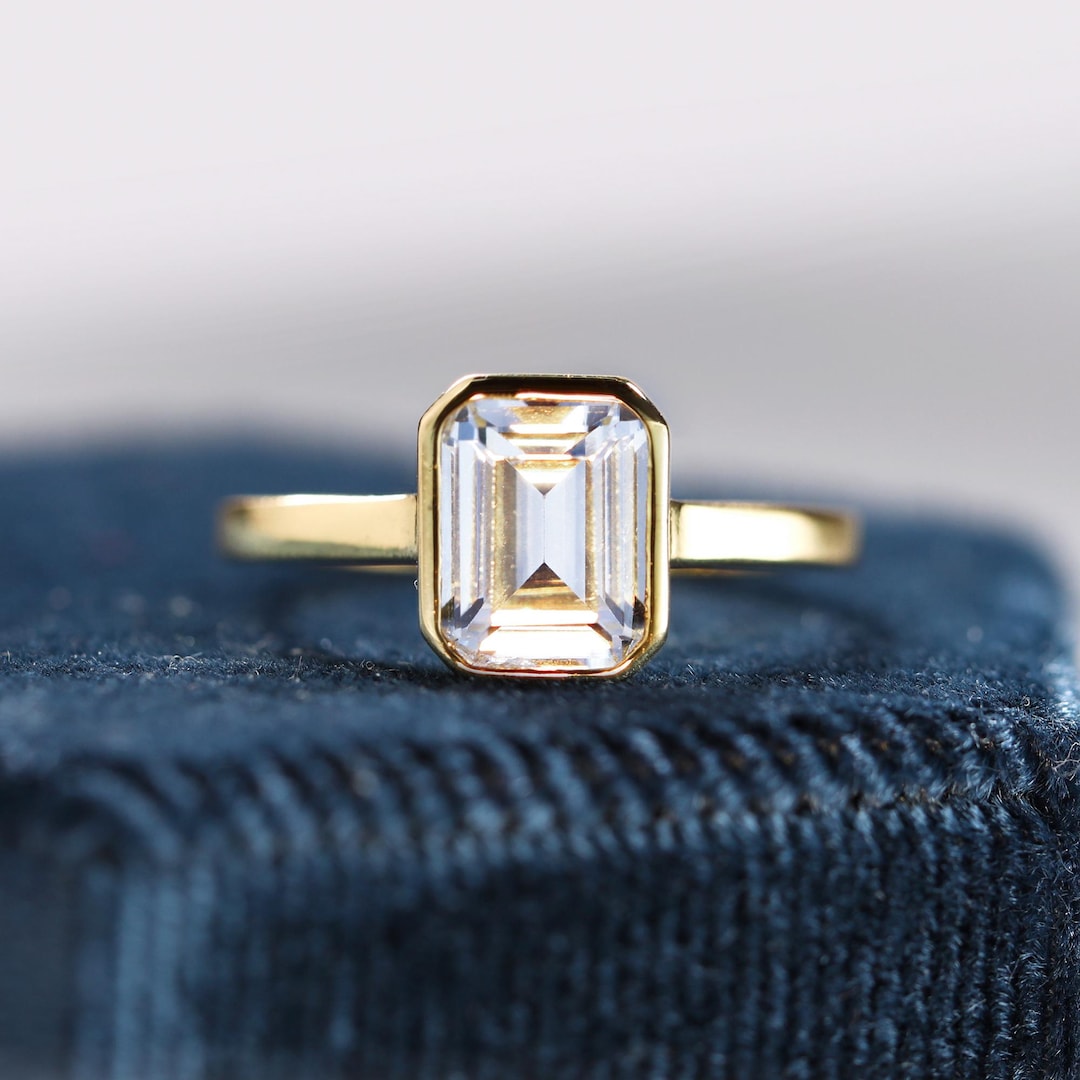 Emerald Cut Engagement Ring Gold Solitaire Bezel Ring Rectangle Stone ...