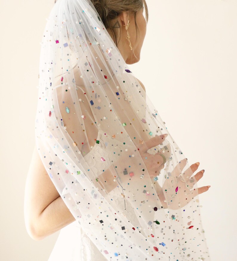 Rhinestone Bridal Veil, Scattered Rainbow Gems - Etsy