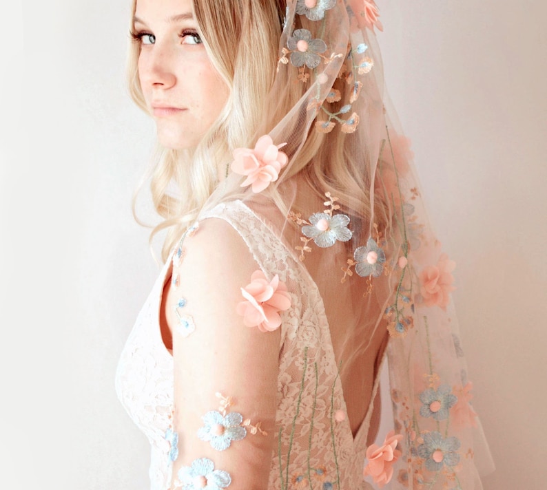 Flower Pop Veil Unique Pink Flower Veil Embroidered Flower - Etsy