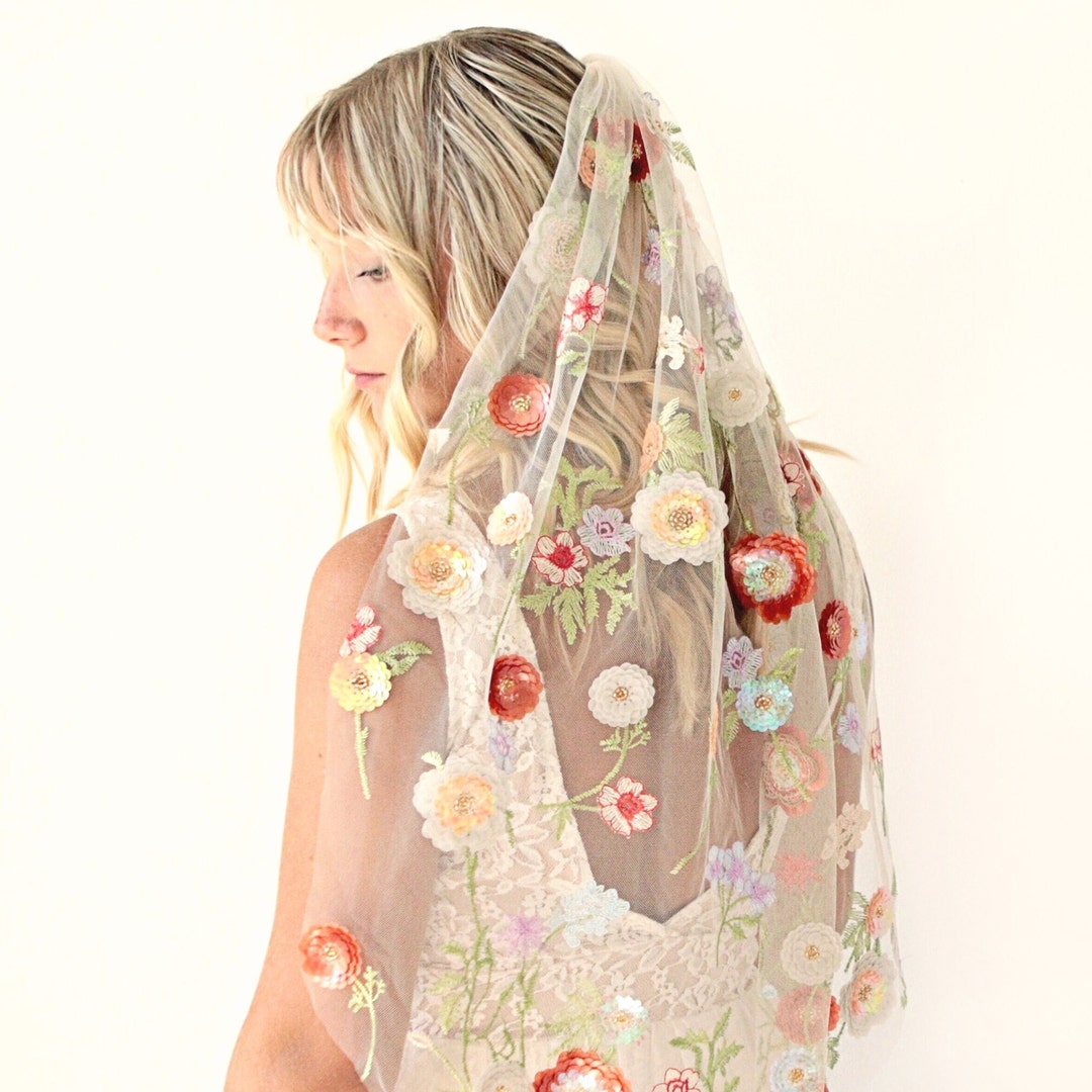 Sparkle Flower Veil, Colorful Wedding, Sequin Flower Veil, Floral ...
