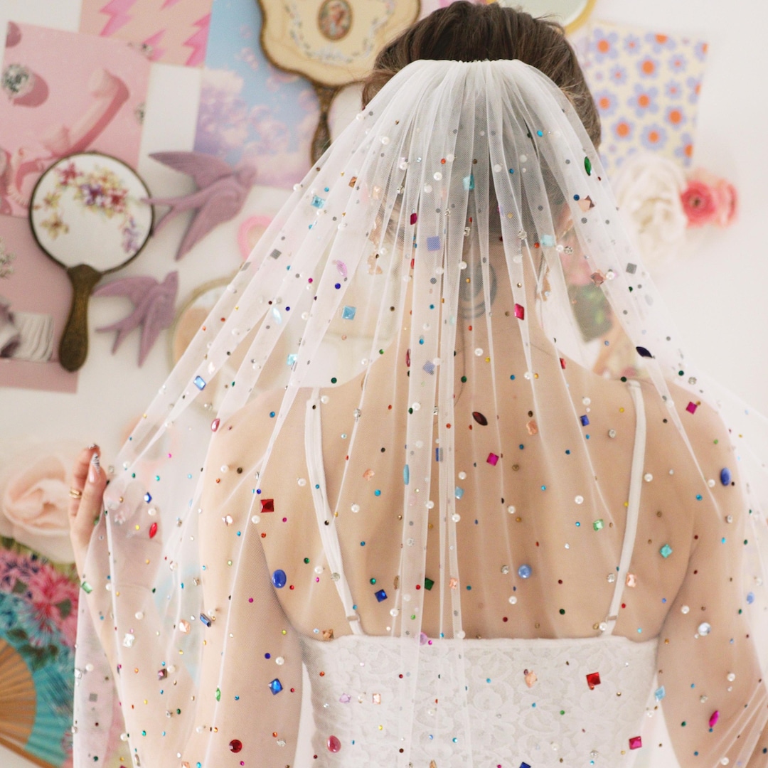 Rhinestone Bridal Veil, Scattered Rainbow Gems - Etsy